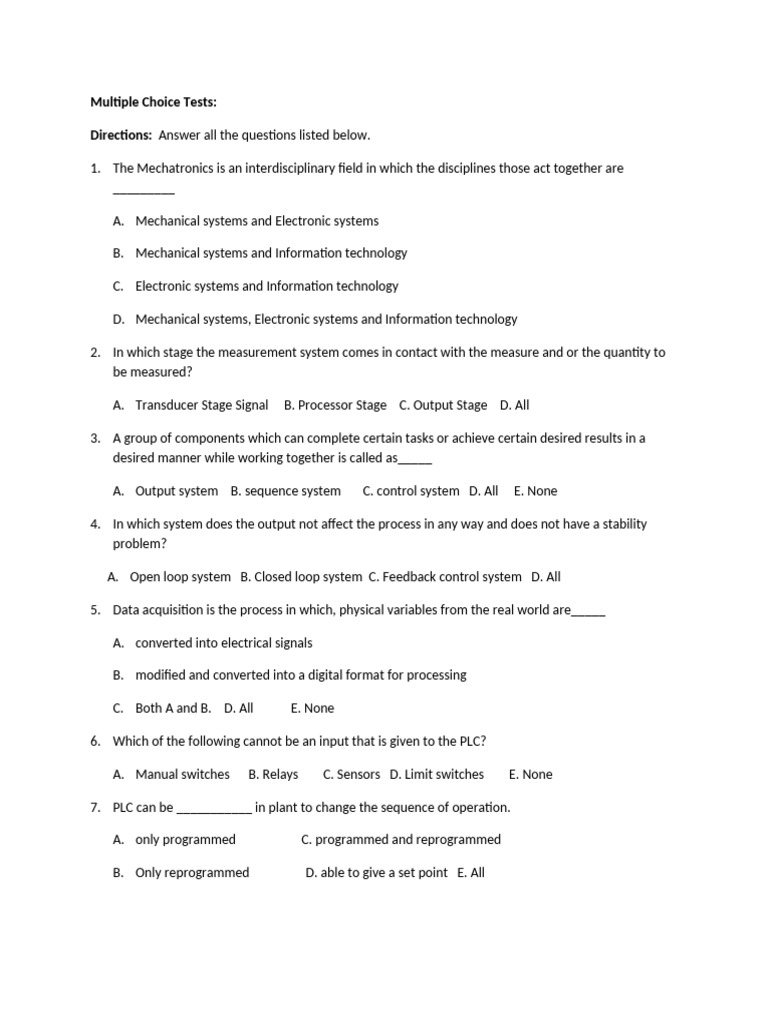 Mechatronics Control Systems Quiz | PDF | Electrical Engineering | Computer Engineering