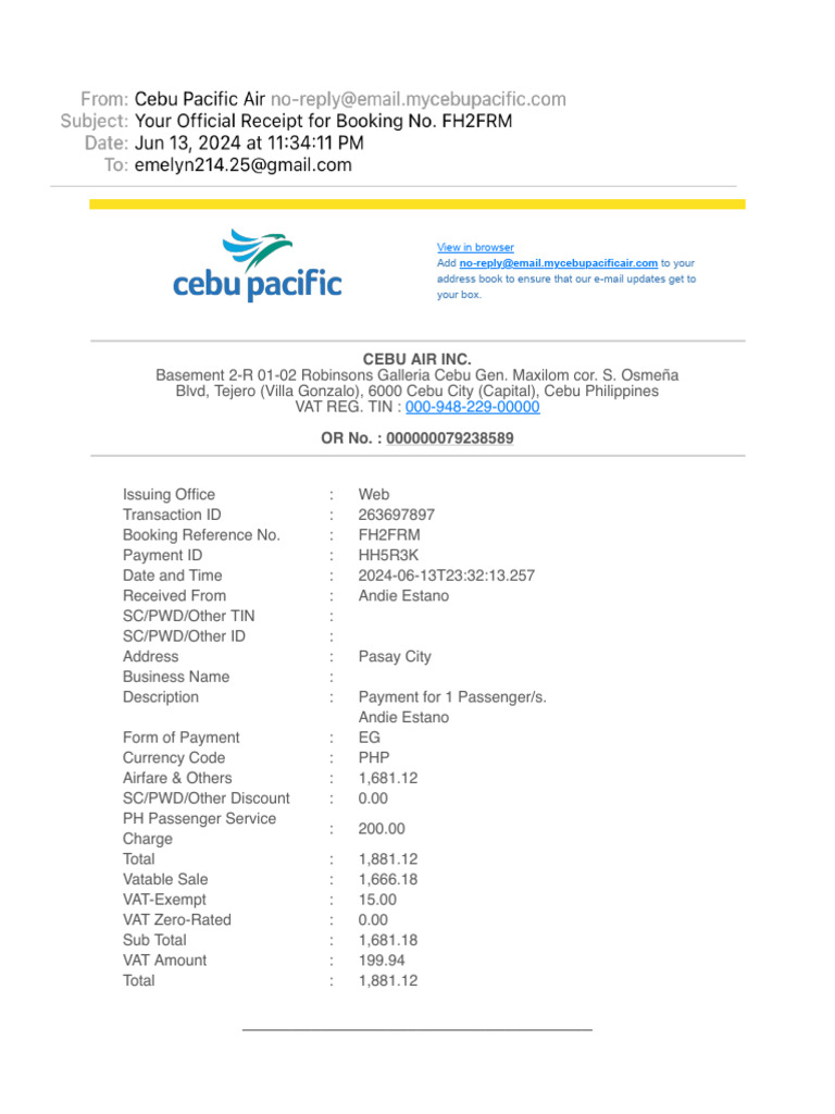 Your Official Receipt For Booking No. FH2FRM | PDF