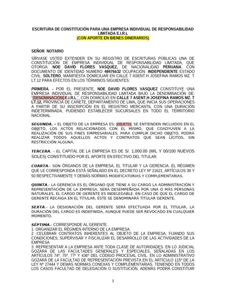 Formato de Minuta de Constitución de EIRL Con Aporte en Bienes Dinerarios | PDF | Contabilidad ...