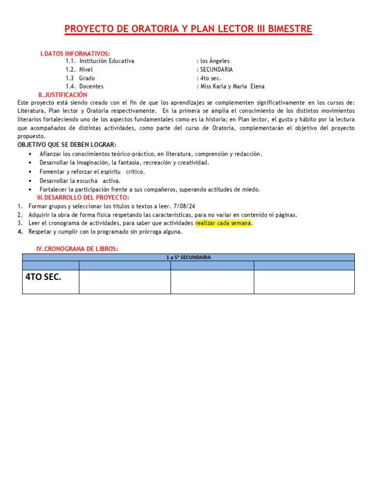 Proyecto de Oratoria y Plan Lector 4to Sec. | PDF