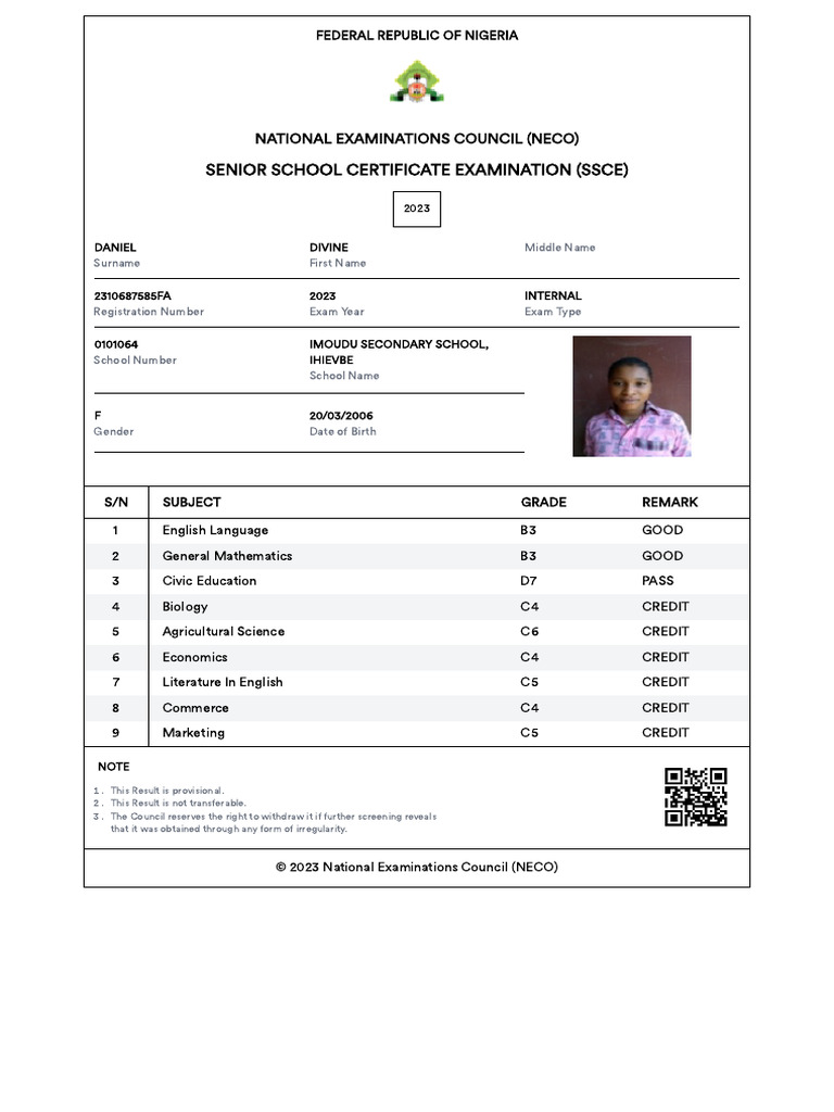 NECO 2023 SSCE Result for Daniel | PDF