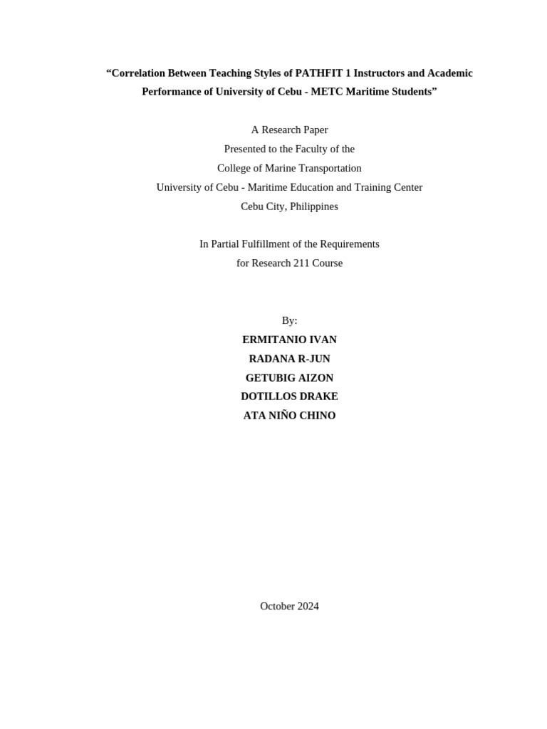 Correlation Between Teaching Styles of PATHFIT 1 Instructors and Academic Performance of ...