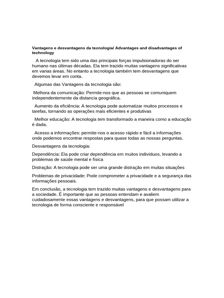 Vantagens e Desvantagens da Tecnologia | PDF | Informação | Informática