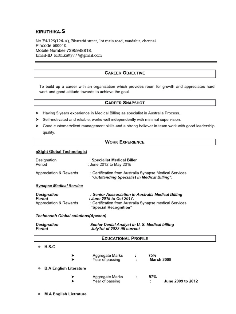 Kiruthika-Senior Denial Analyst | PDF | Social Psychology