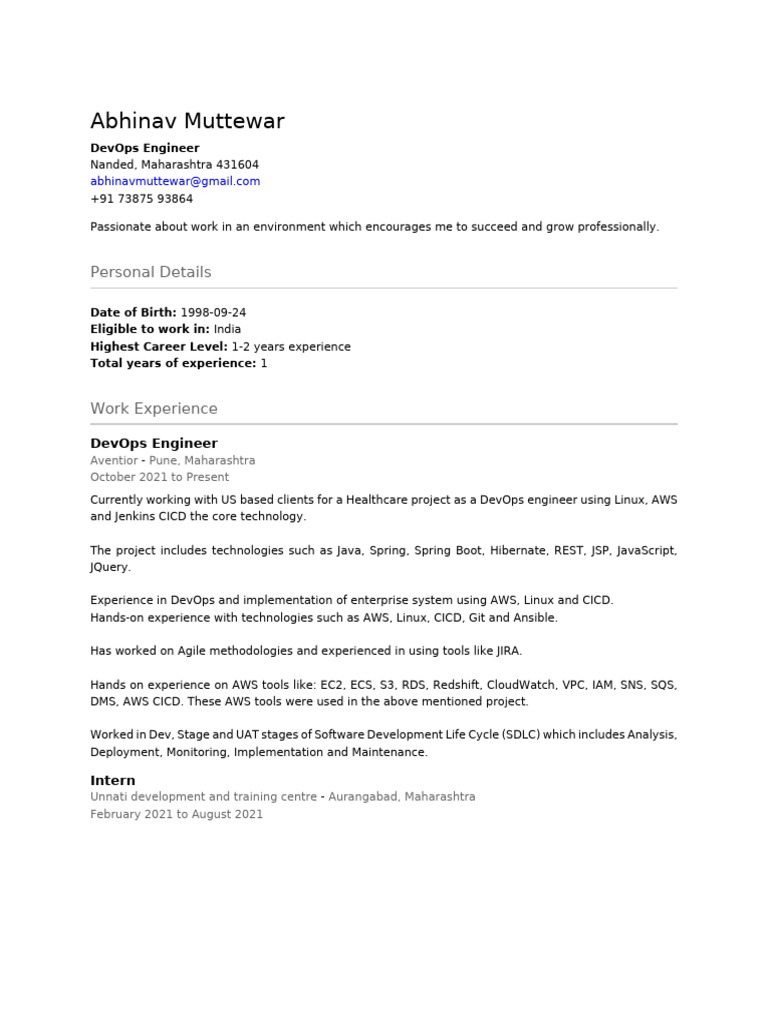 Abhinav Muttewar Resume | PDF | Career & Growth | Business