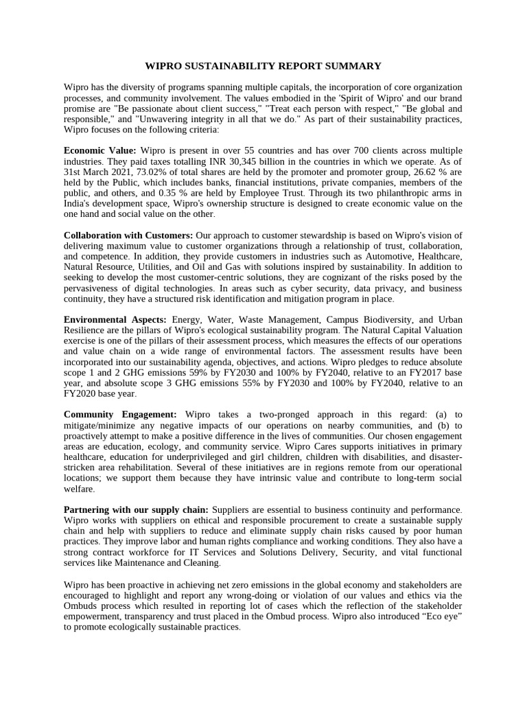 Wipro Sustainability Report Summary | PDF | Supply Chain | Sustainability