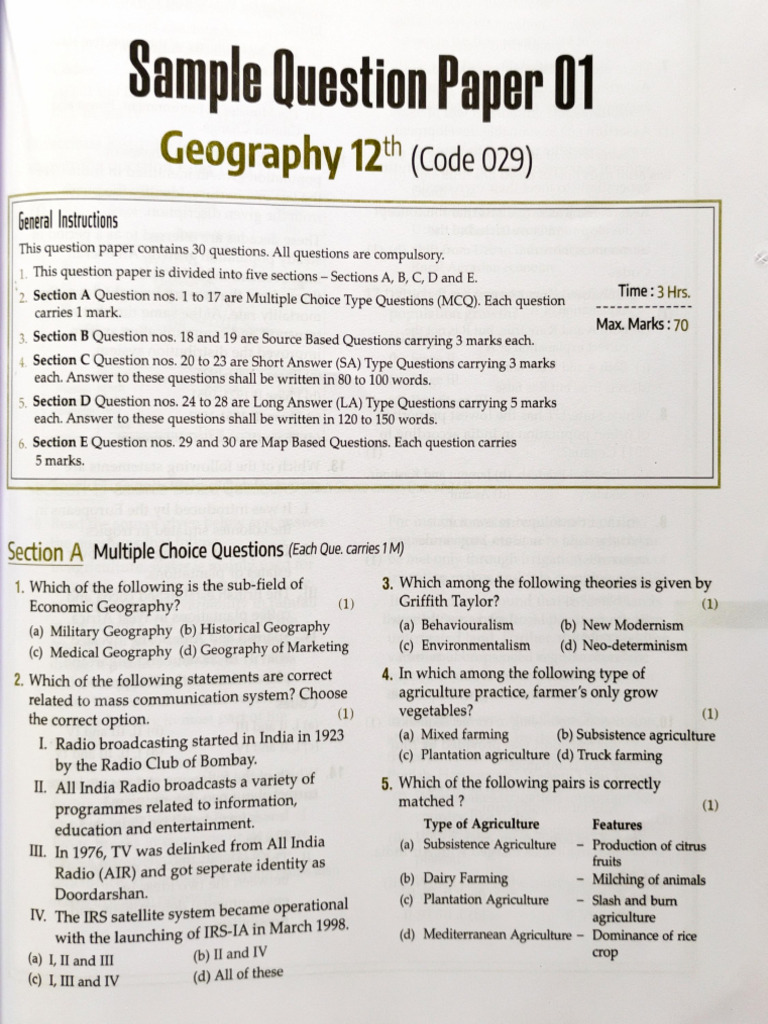 Geography Class 12 Sample Paper | PDF | Agriculture | Economies