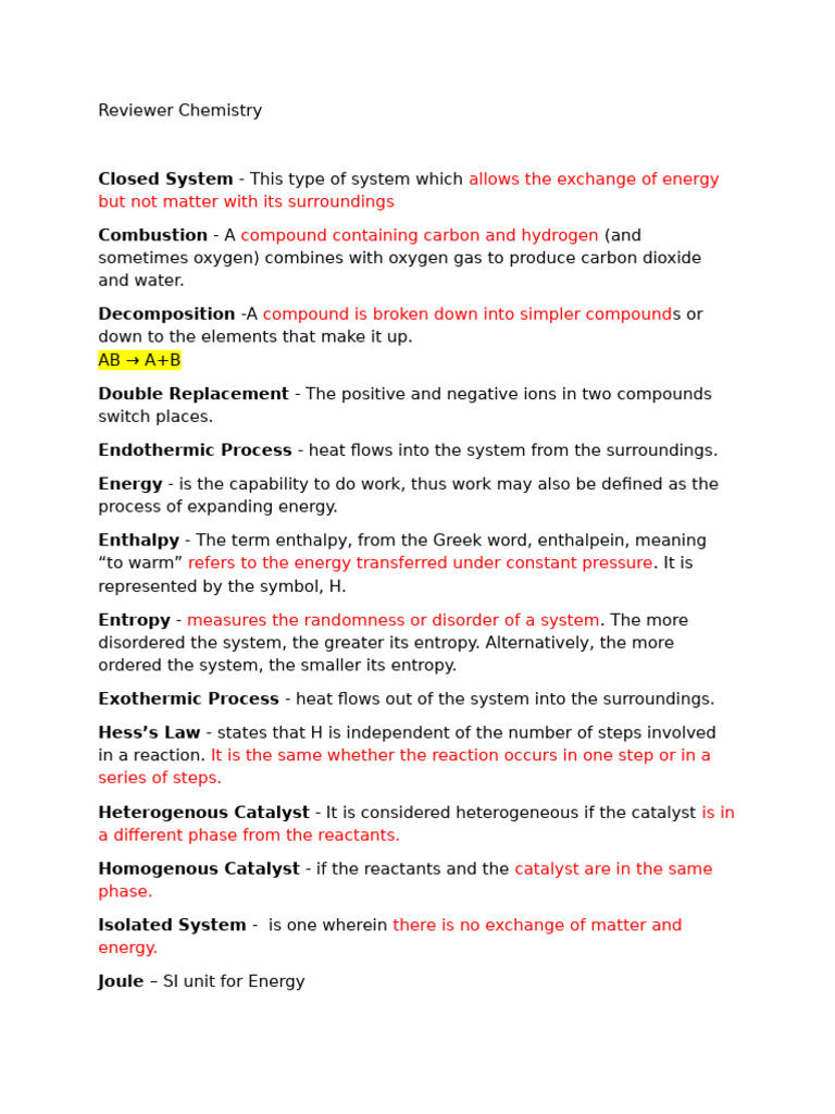 Chemistry Reviewer | PDF | Chemical Reactions | Catalysis