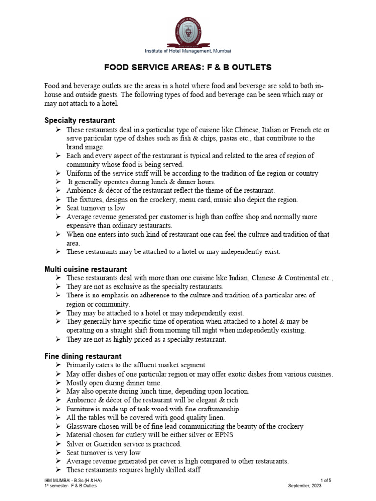 F & B Outlet | PDF | Bar (Establishment) | Pub