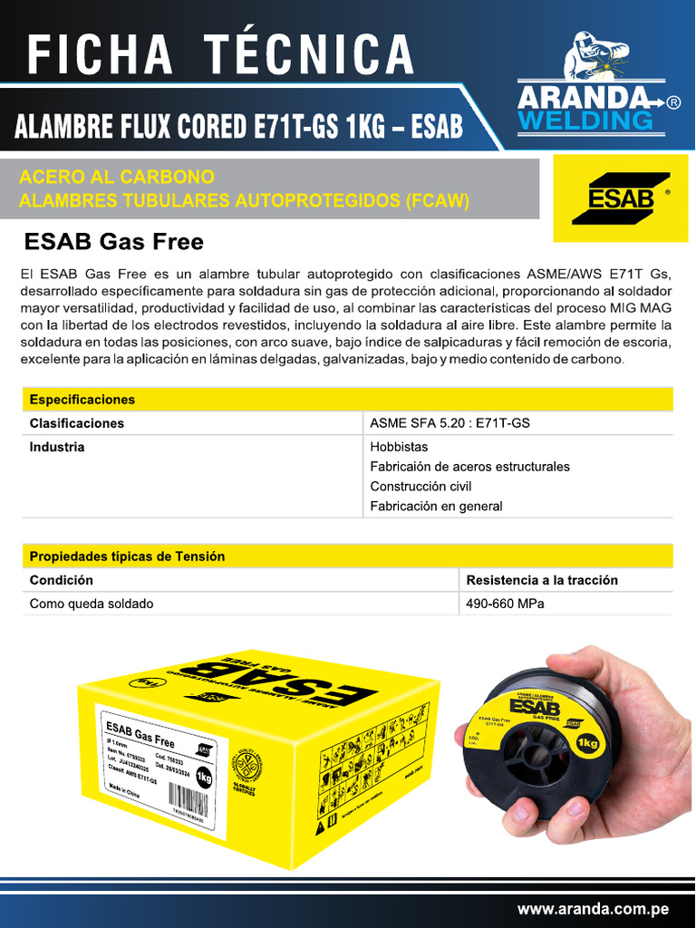 Ficha Tecnica Alambre Flux Cored E71t-Gs 1KG - Esab | PDF