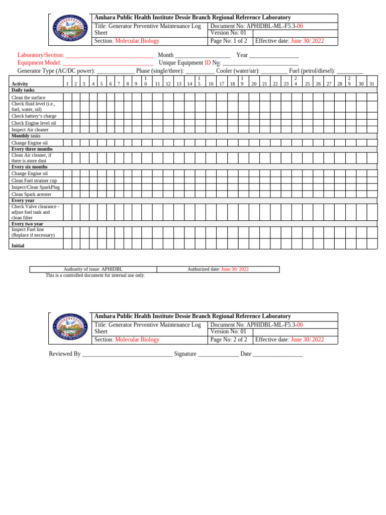 ML-F5.3-06 Generator Preventive Maintenance Log Sheet - New ML - Done ...