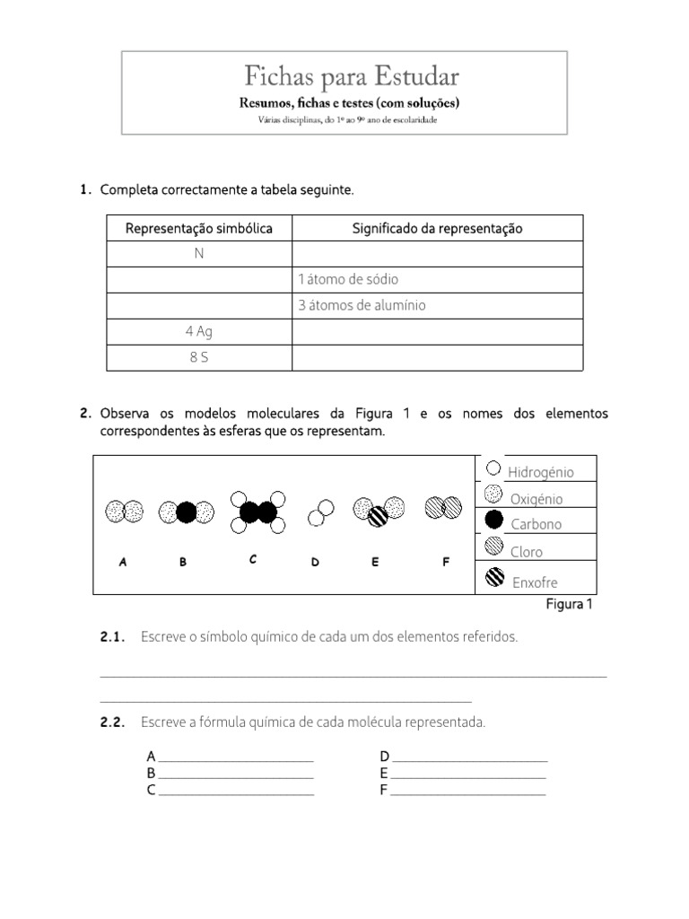 Ficha Fisico Quimica 8 Ano Simbolos e Formulas Quimicas | PDF | Química | Moléculas