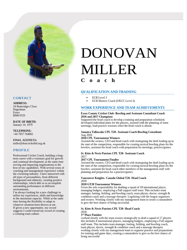 Donovan Miller CV NOV-09-2020 | PDF | Bowling (Cricket) | Cricket