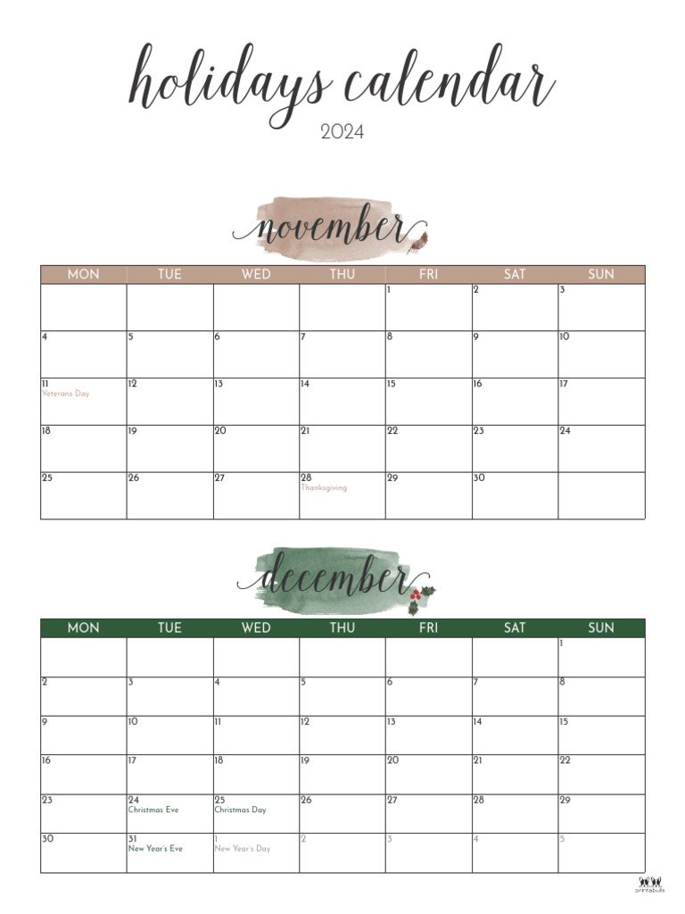 Holiday Dates for Nov-Dec 2024 | PDF