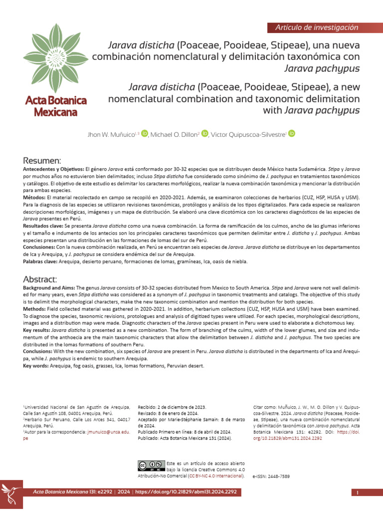 Muñuico Et Al. Jarava Disticha (Poaceae, Pooideae, Stipeae), Una Nueva ...