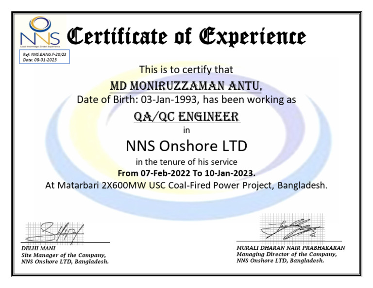 NNS Experience Certificate Antu PDF | PDF