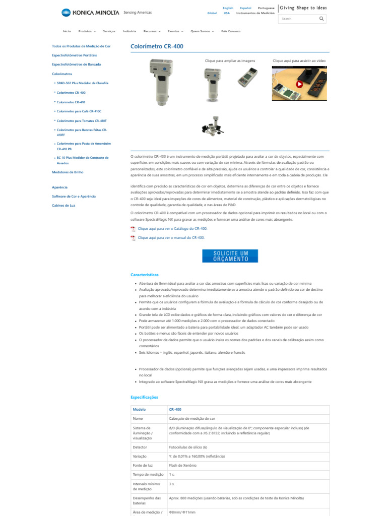 Catálogo Colorímetro CR-400 - Konica Minolta Sensing | PDF | Cor | Medição