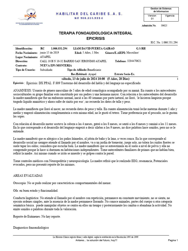 Epicrisis Liam Puerta - Jul2024 | PDF | Espectro autista | Sicología