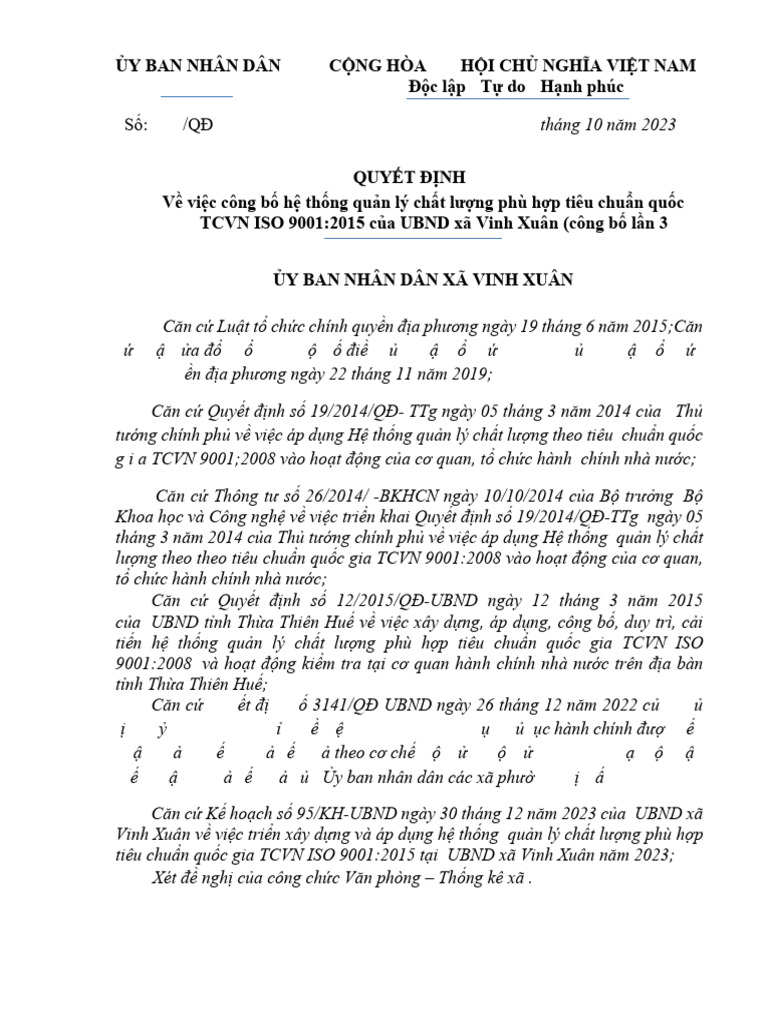 QD Cong Bo He Thong QLCL Phu Hop Voi TCQG TCVN Iso 90012015 Tai Xa Vinh Xuan 18-10-2023!09!40 47 ...