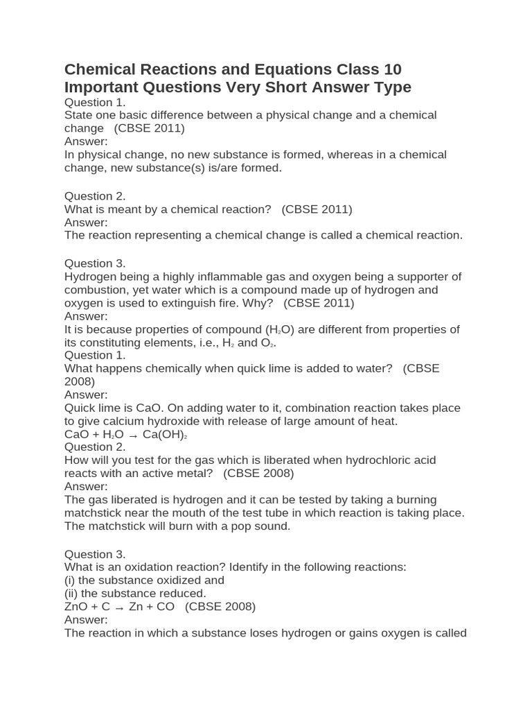 Chapter 1 Chemistry-Important Questions | PDF | Chemical Reactions | Redox