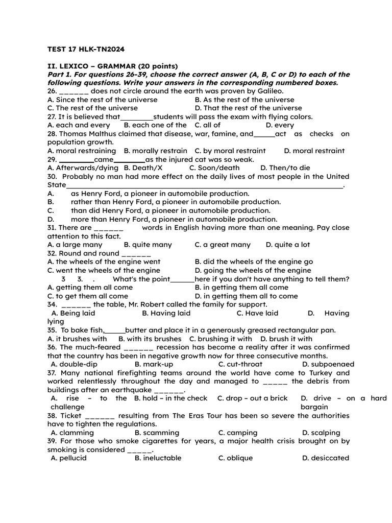 Test 17 HLK-TN2024 | PDF | Health Professional | Humanities