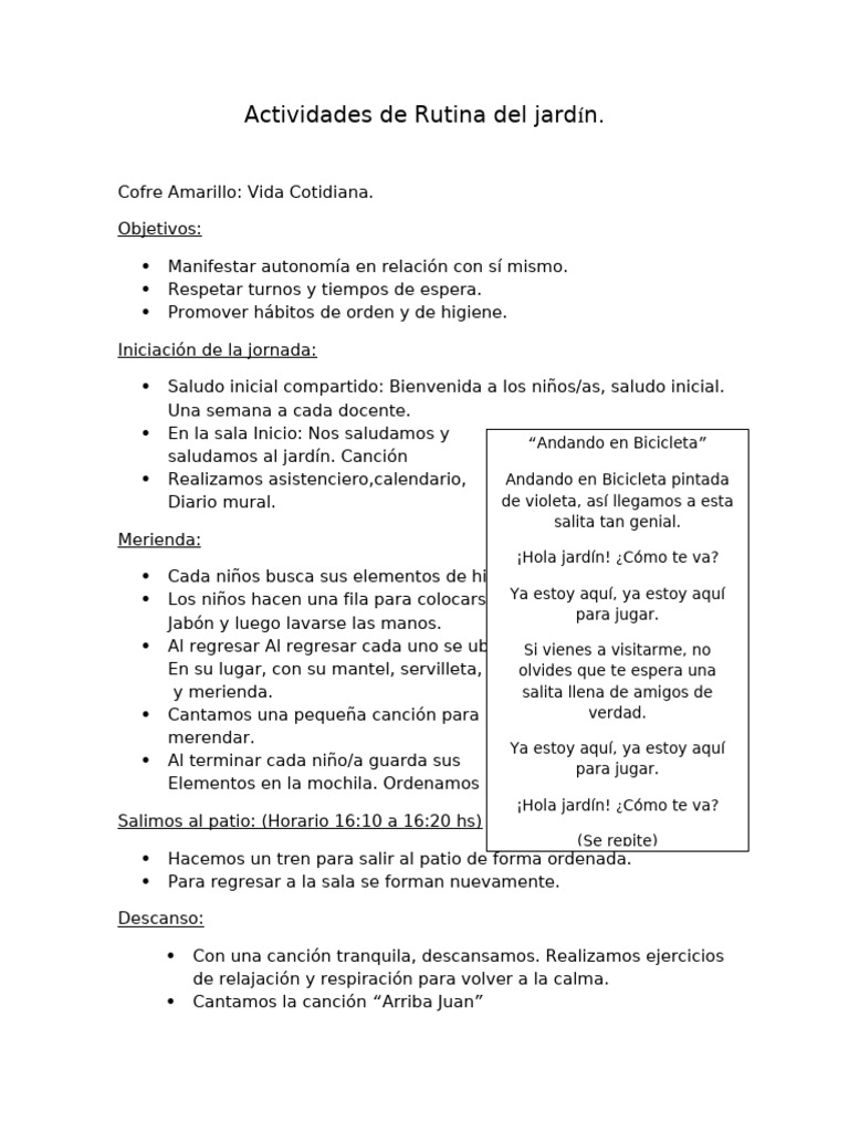 Actividades de Rutina Del Jardín | PDF | Artes del Lenguaje y Comunicación