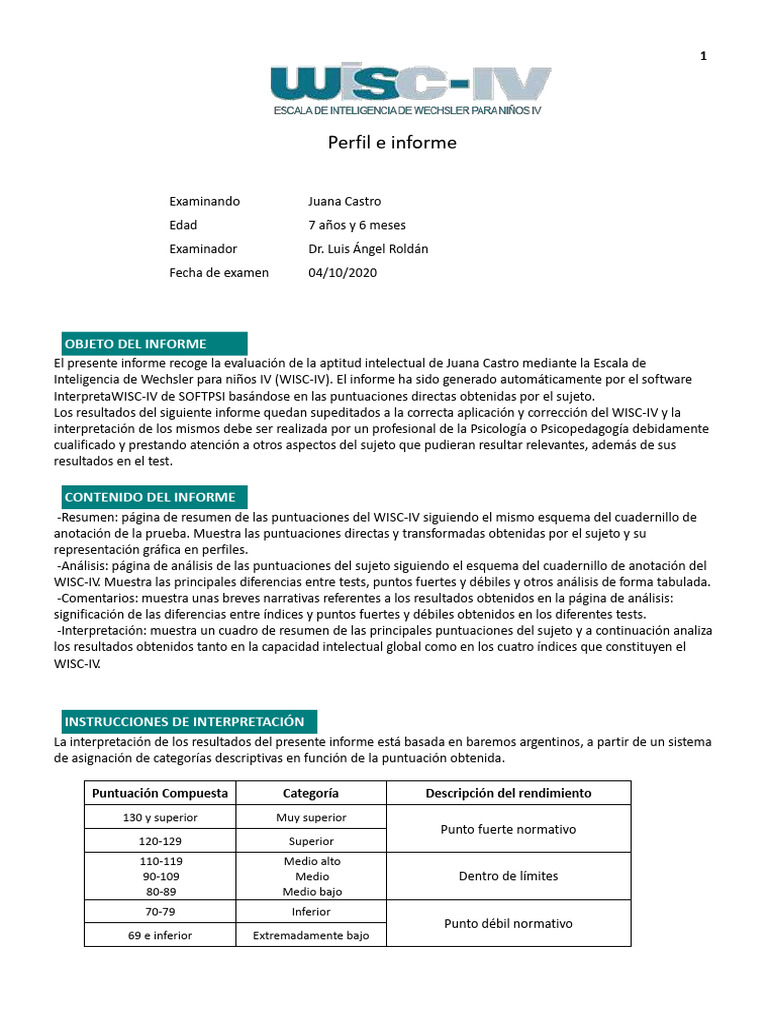 Informe WISC-IV de Juana Castro | PDF | Escala de inteligencia para ...