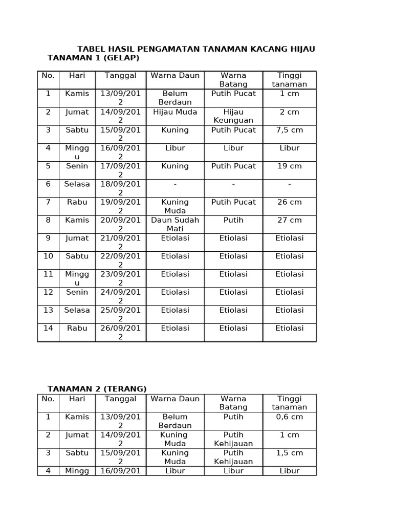Tabel Hasil Pengamatan Tanaman Kacang Hijau | PDF | Griya & Taman