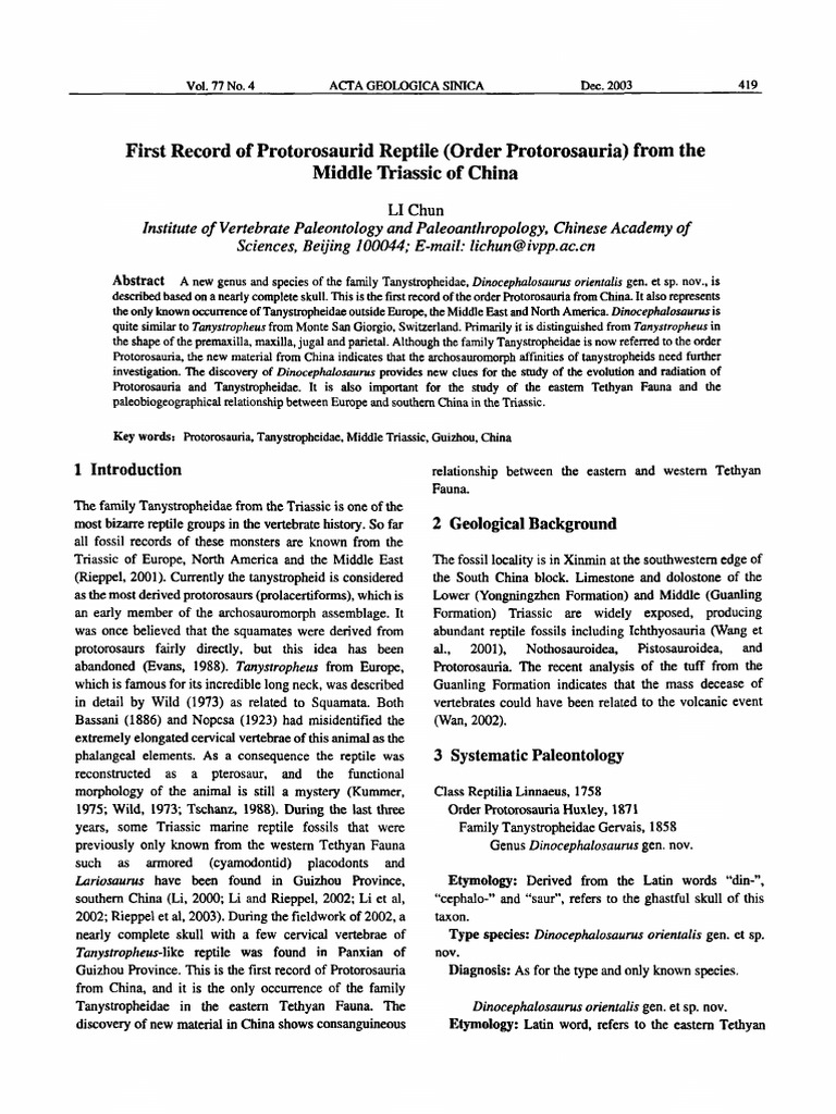 First Record of Protorosaurid Reptile (Order Protorosauria) From The ...