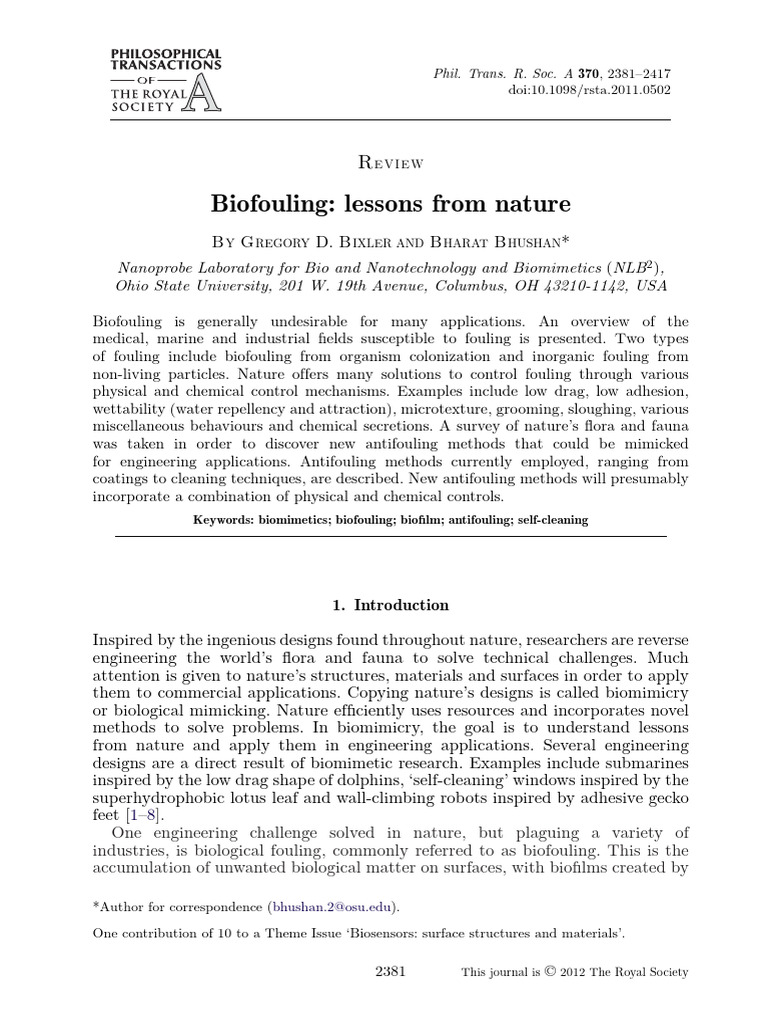 2015 - Biofouling - Lessons From Nature | PDF | Biofilm | Hydrophobe
