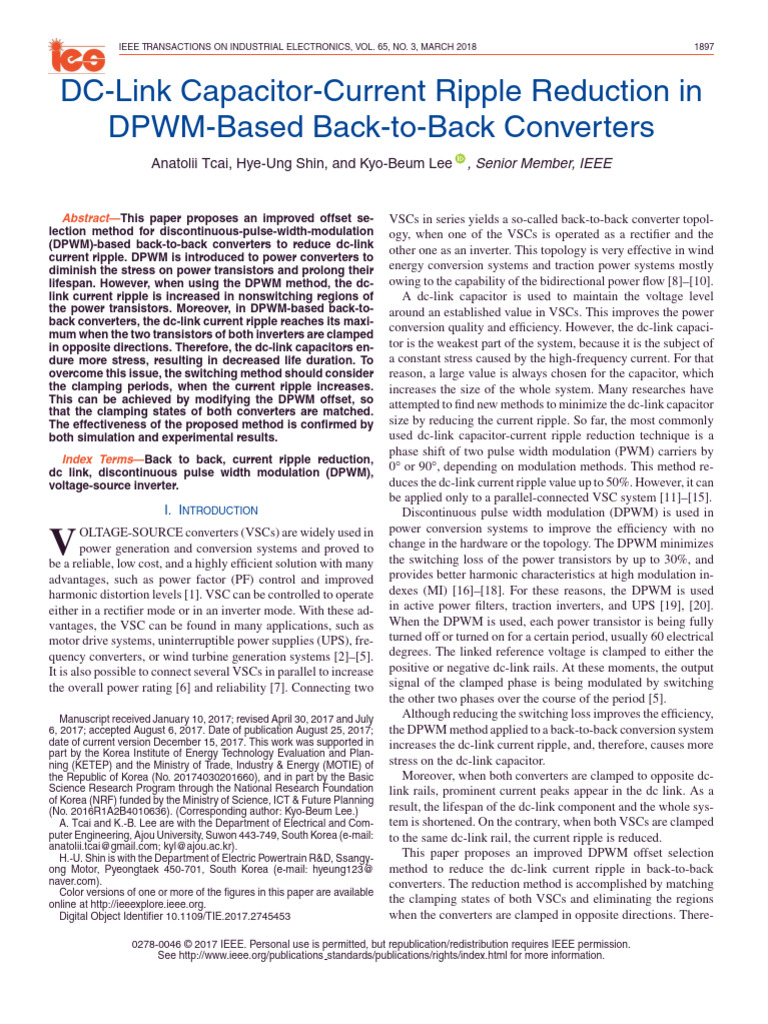 DC-Link Capacitor-Current Ripple Reduction in DPWM-Based Back-to-Back Converters | PDF | Power ...