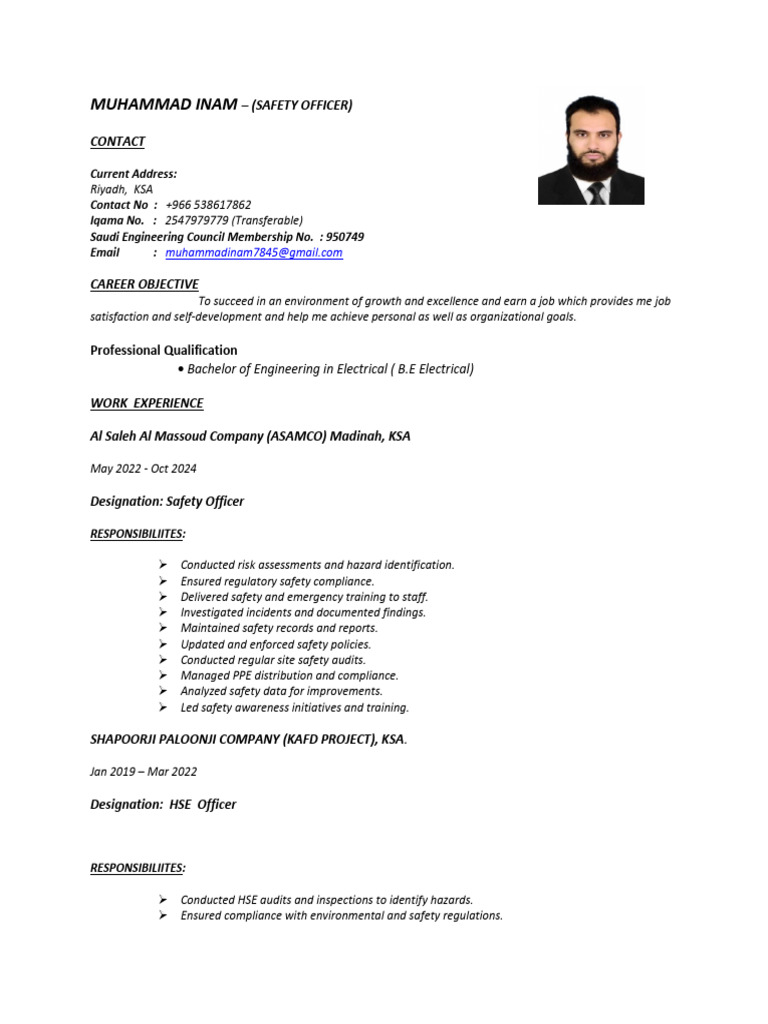 M Inam Safety Officer CV | PDF