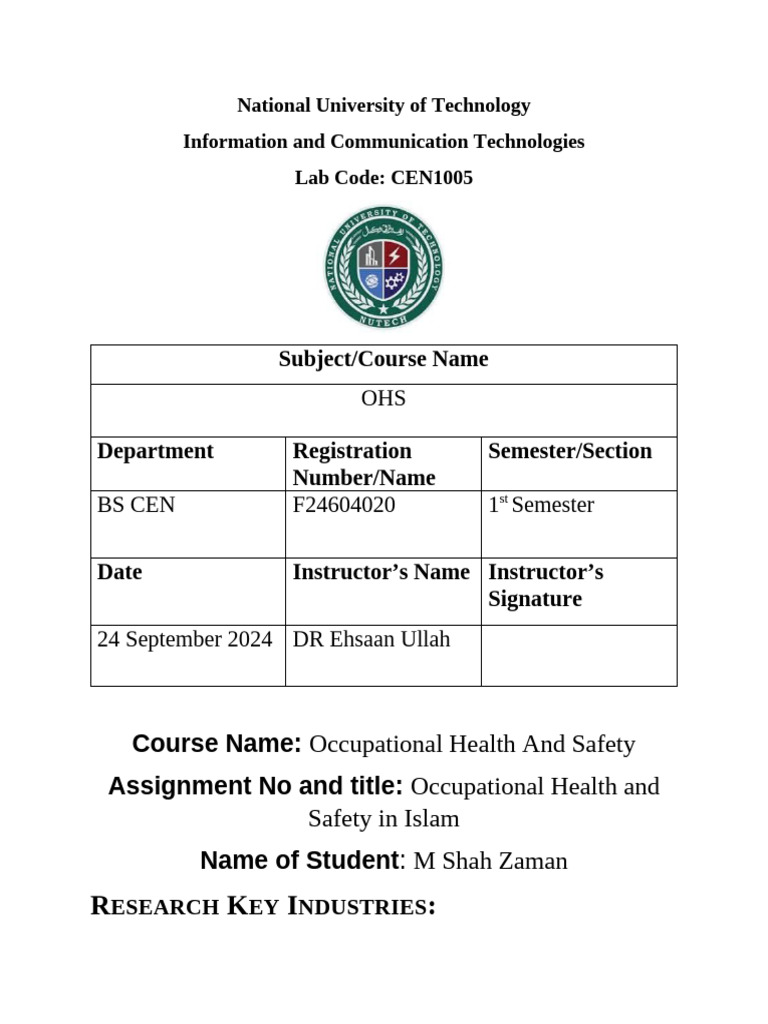 Assignment-OHS 1 | PDF | Occupational Safety And Health | Regulatory Compliance