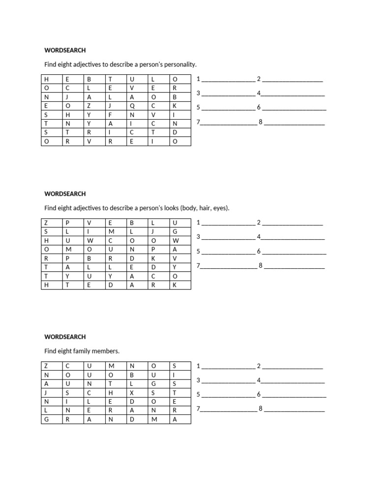 Word Search: Personality, Looks, Family, and More | PDF | Career ...