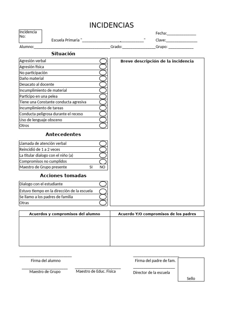 Formato de Incidencias Escolares | PDF