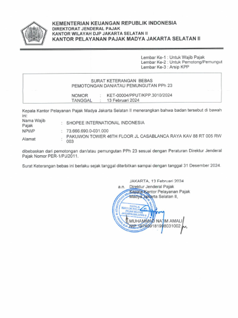 SKB Shopee International Indonesia - SKB PPH Pasal 23 FY 2024 | PDF