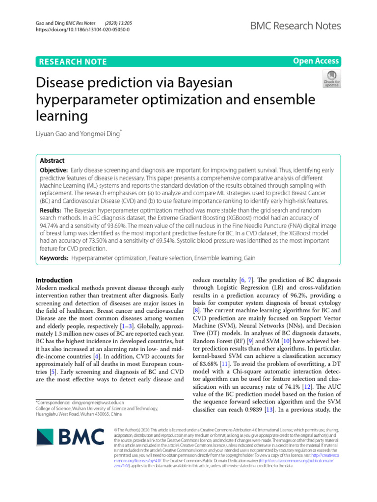 Disease Prediction Via Bayesian Hyperparameter Optimization And Ensemble Learning Pdf 