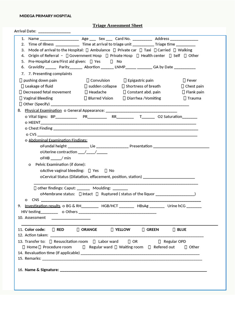 L&D Triage Assessment Sheet | PDF | Childbirth | Diseases And Disorders