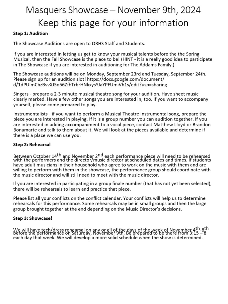 Masquers Showcase Audition Information and Form - Fall2024 | PDF | Audition | Performing Arts