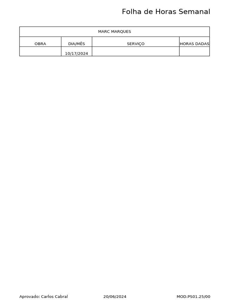 MOD - PS01.25 - 00 - Folha de Horas Semanal | PDF