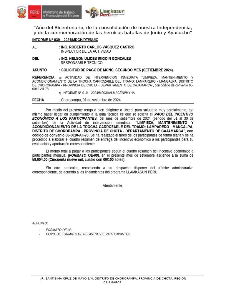 Informe 039-2024 - Pago Participantes | PDF