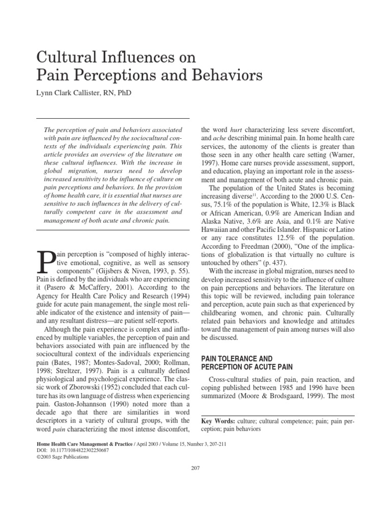 Culture, Pain Perceptions and Behaviors | PDF | Pain | Pain Management