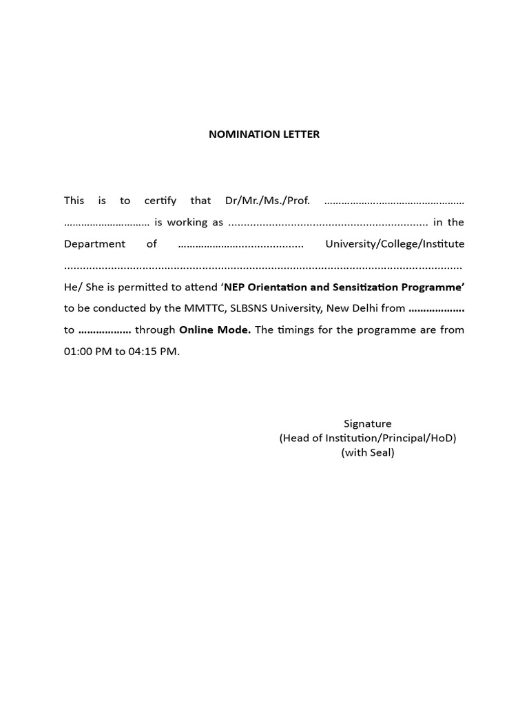 MMTTC Nomination Letter Template | PDF