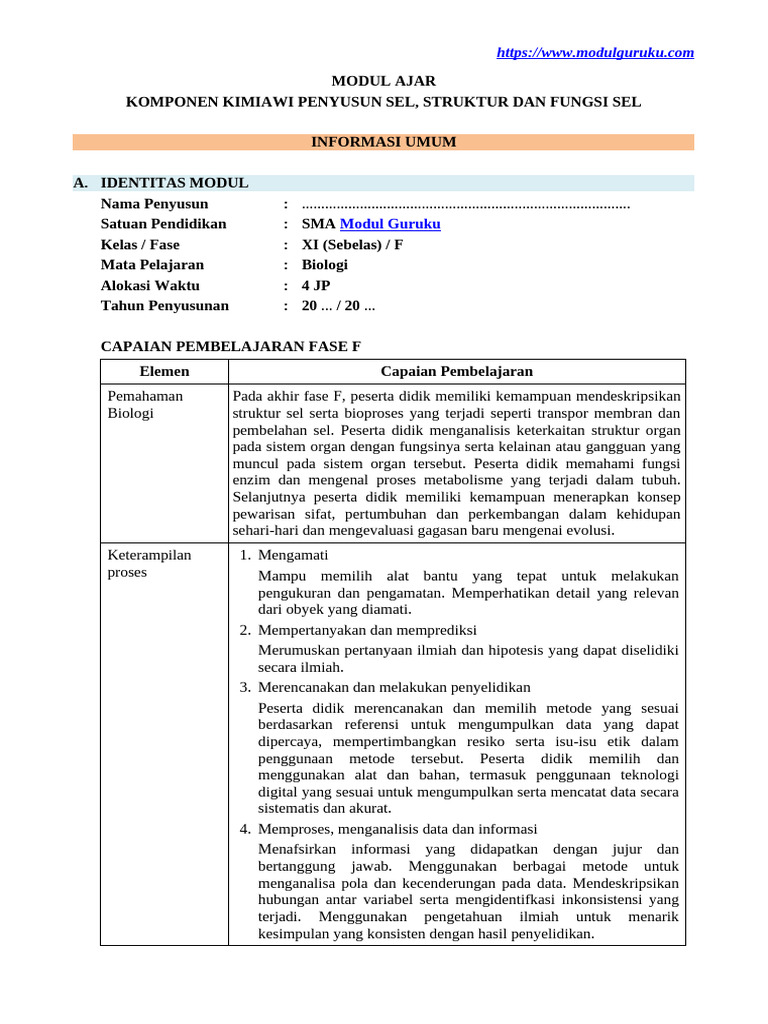 Modul Ajar Biologi Kelas 11 Fase F - Struktur Dan Fungsi Sel (Modulguruku - Com) | PDF | Karier ...