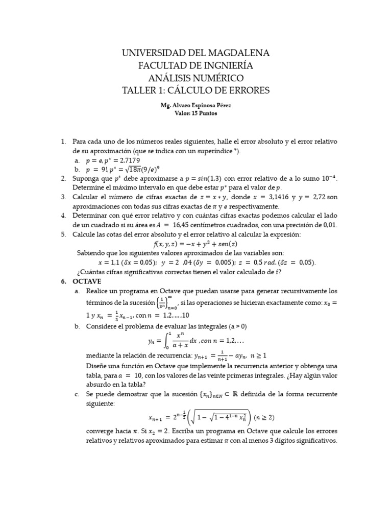 Taller 1 Teoría Del Error 2024-2 | PDF | Integral | Matemáticas Aplicadas