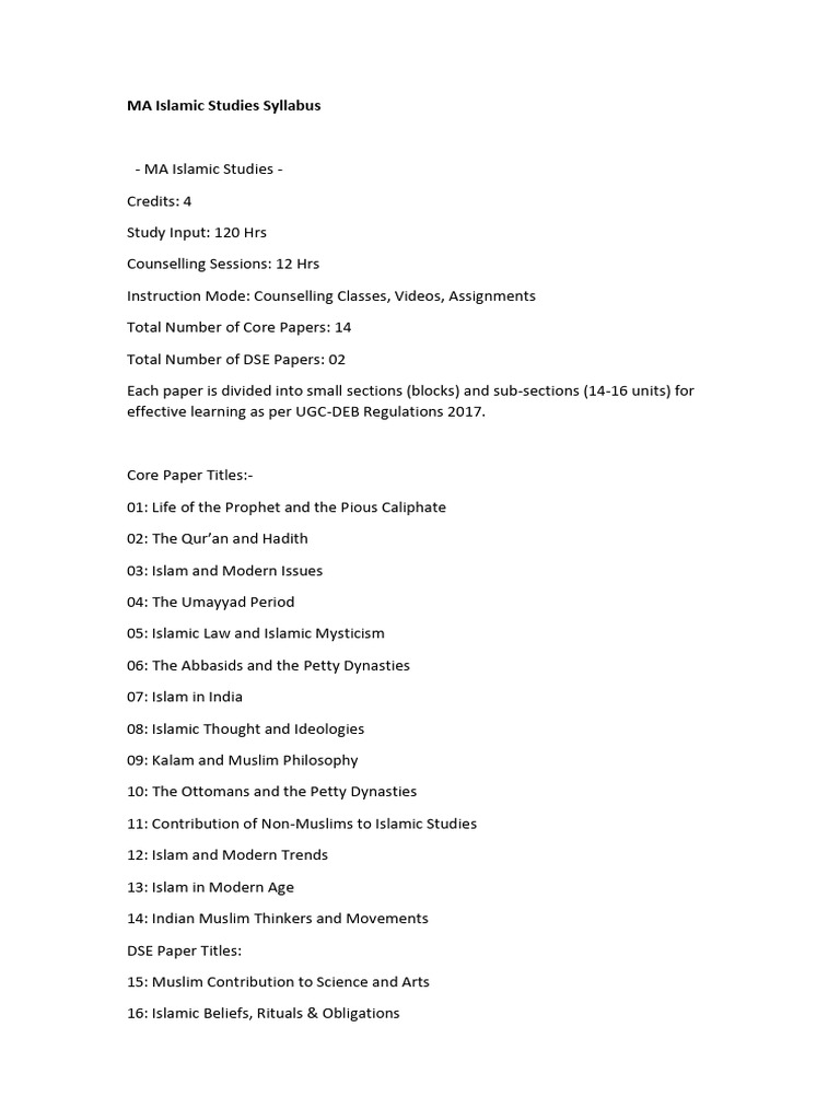MA Islamic Studies Syllabus | PDF | Travel | Religion & Spirituality