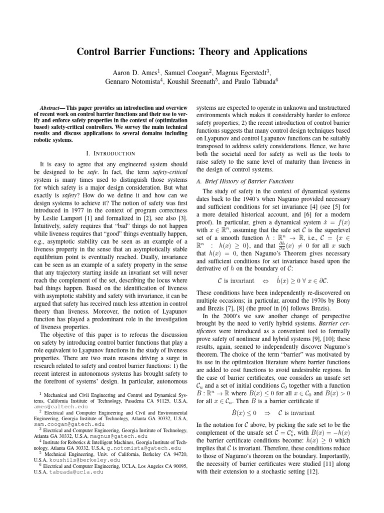 Control Barrier Functions: Theory and Applications | PDF | Stability ...
