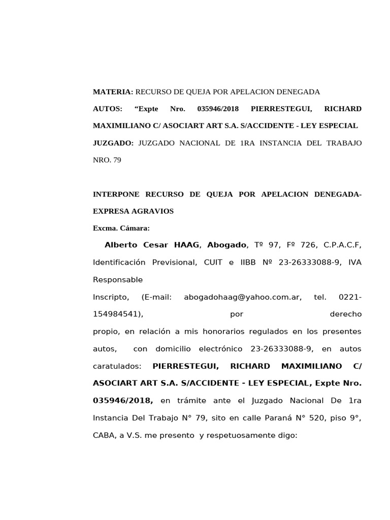 Recurso de Queja Por Apelacion Denegada Honorarios de Albert Caso Pierrestegui | PDF | Sentencia ...