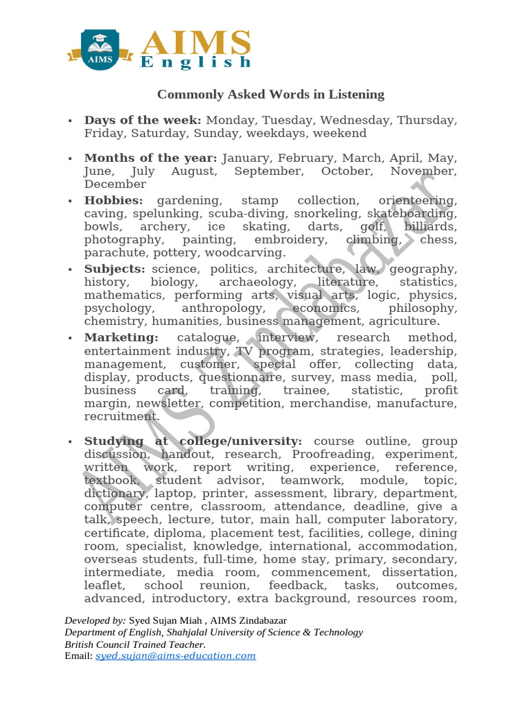 Commonly Asked Words in Listening | PDF | English Language | Coal