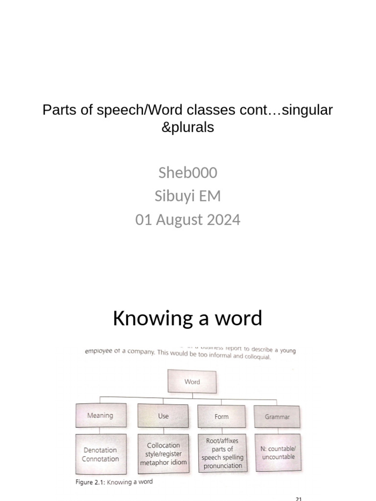 Parts of Speech or Word Classes Continuation Plus Singular & Plurals ...